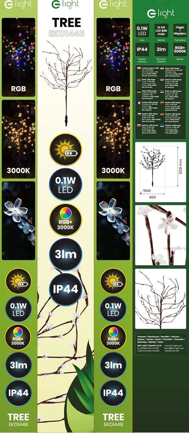 Eko-Light Lampa solarna TREE 0,1W 3000K+RGB 3lm IP44 wys. 120 cm