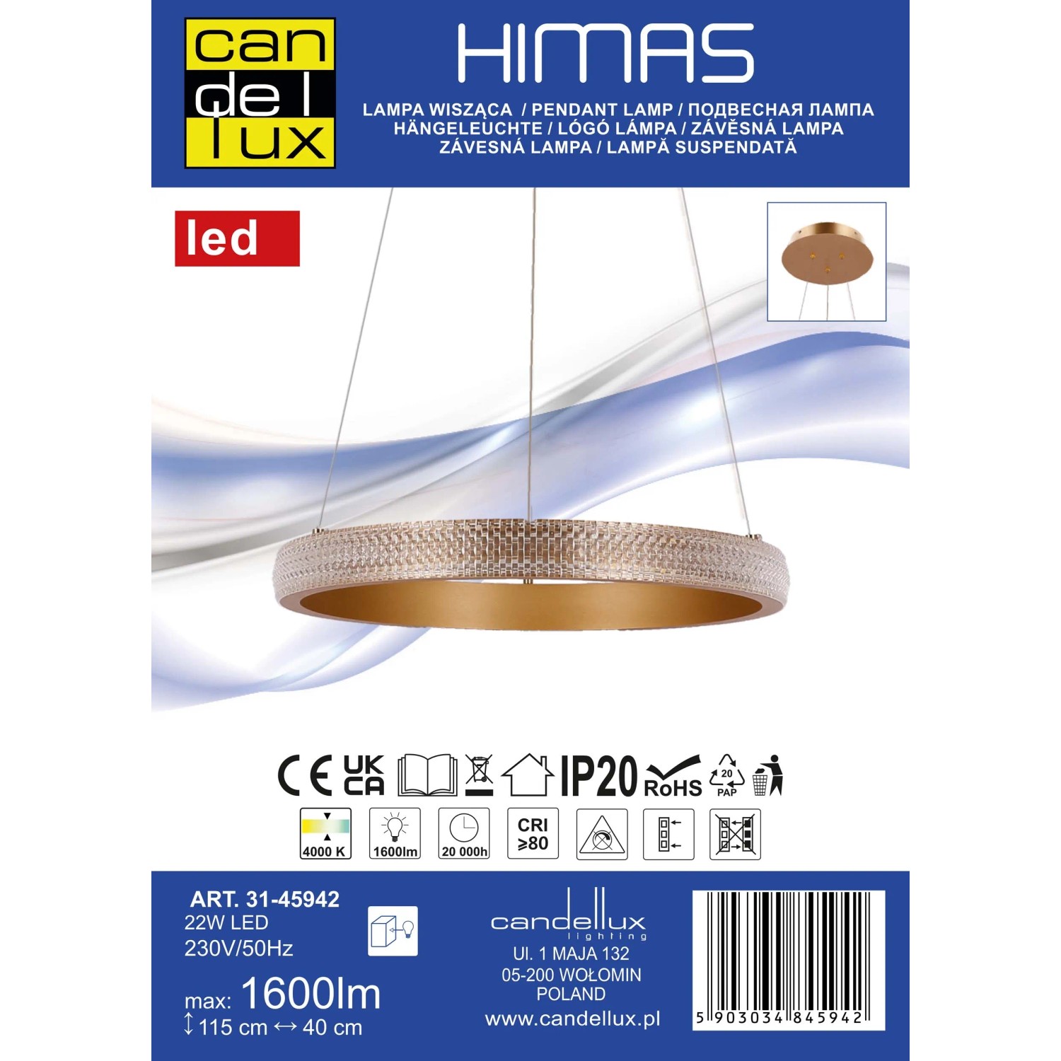 Candellux Lampa wisząca LED HIMAS 22W 4000K 1600lm śr. 40 cm złota ...