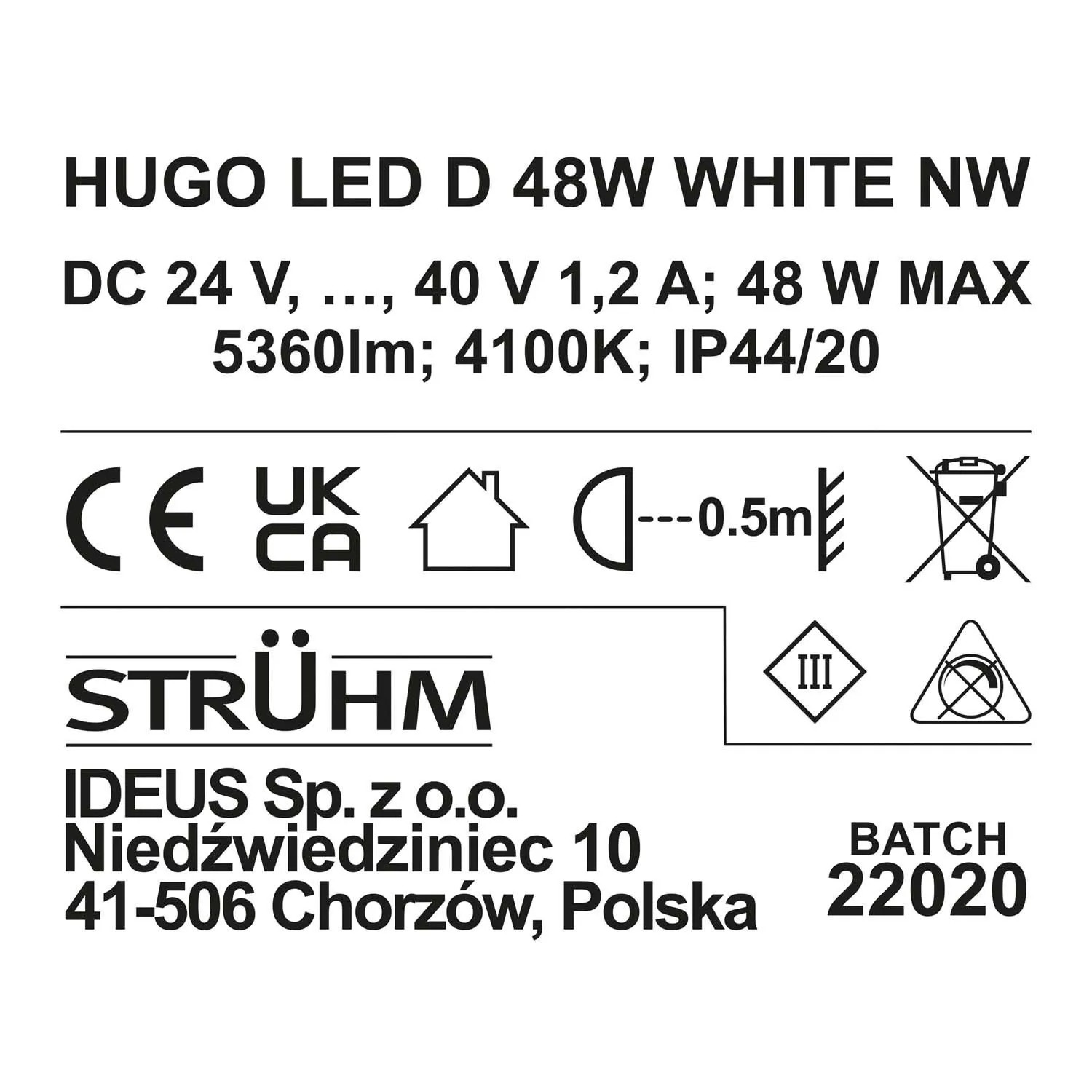Struhm Panel HUGO LED D 48W 4000K 4800lm IP44/20 60x60cm biały