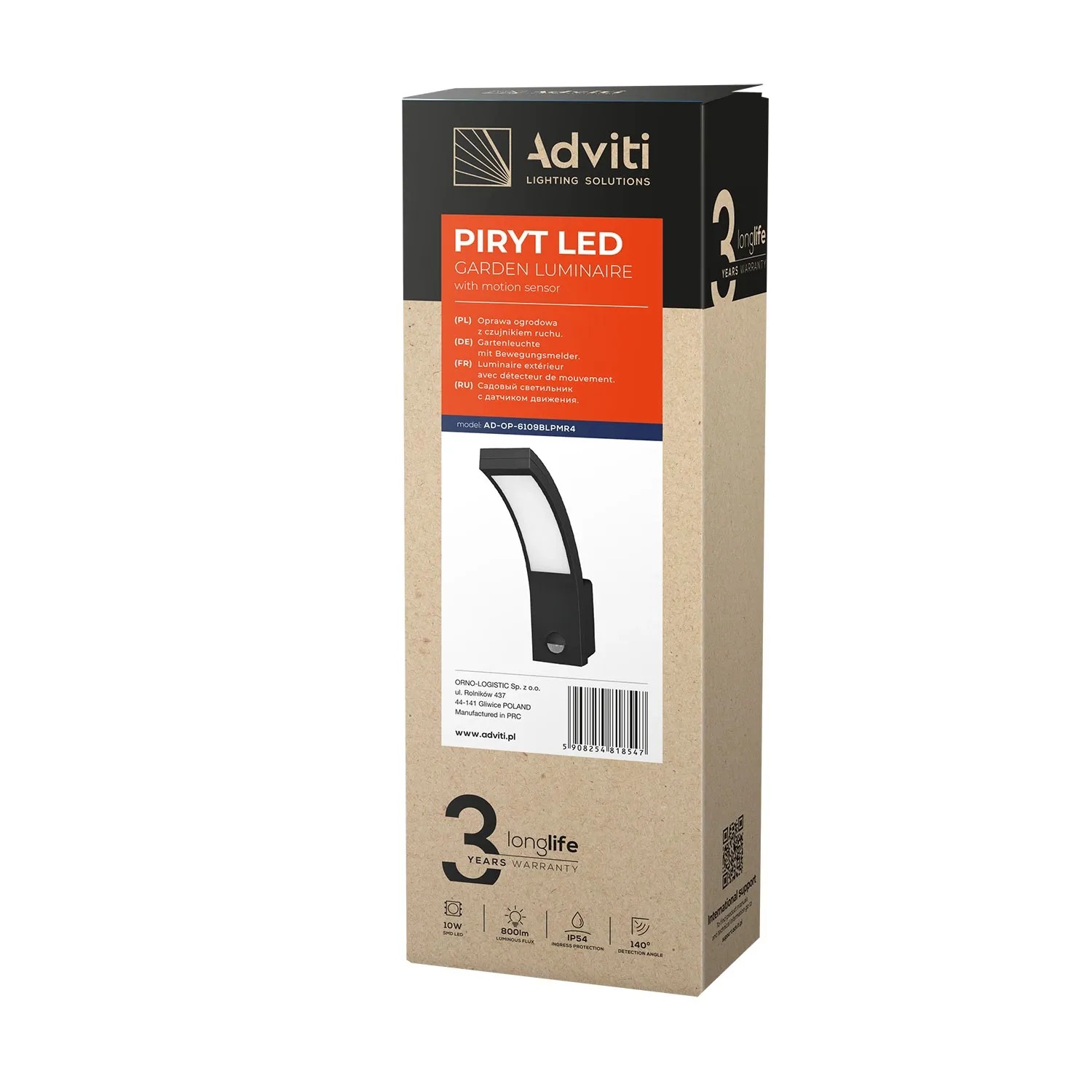 Adviti Oprawa ogrodowa LED Piryt 10W 4000K 850lm IP54 czarna czujnik ...