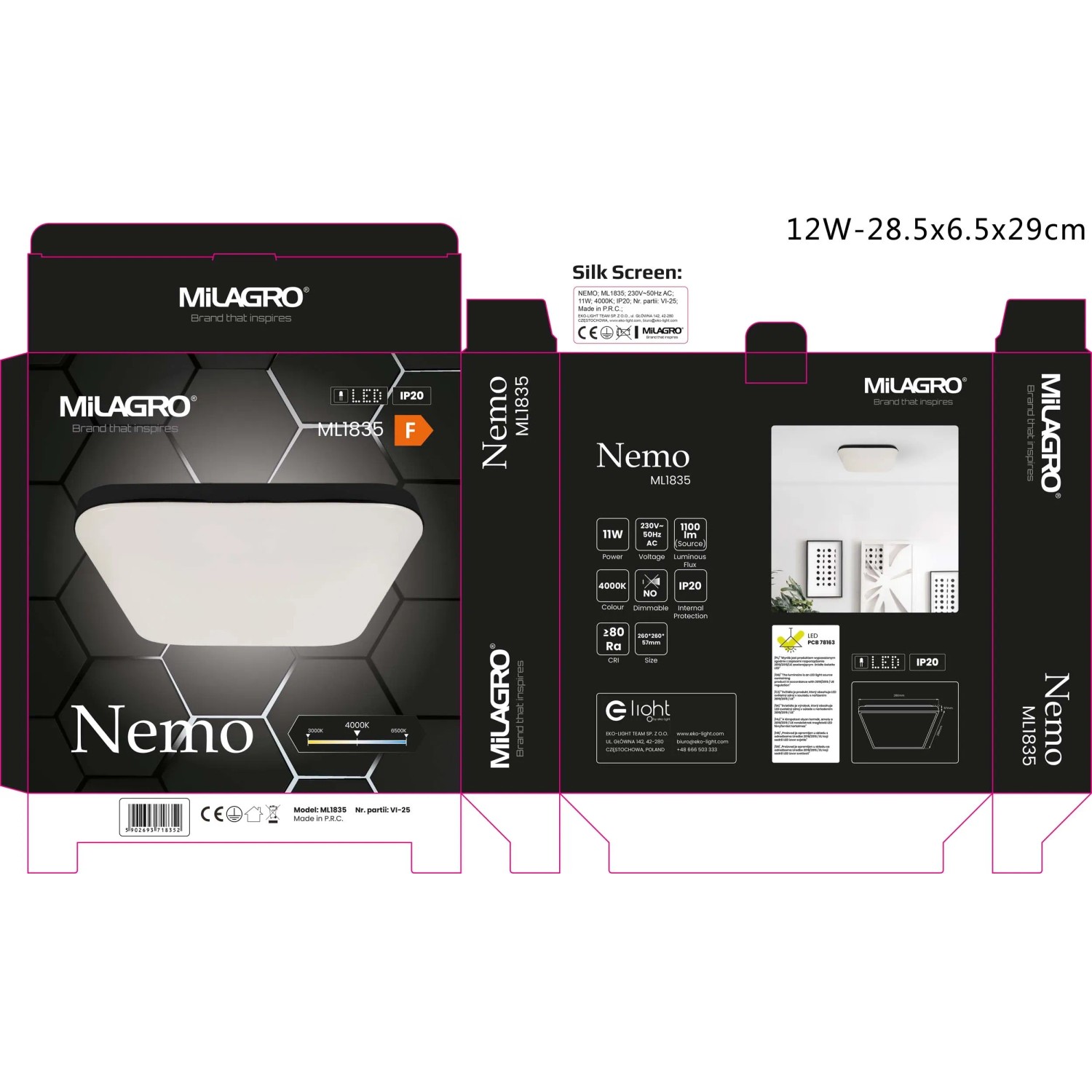 MiLAGRO Plafon LED NEMO 11W 4000K 1100lm 26x26 cm czarny