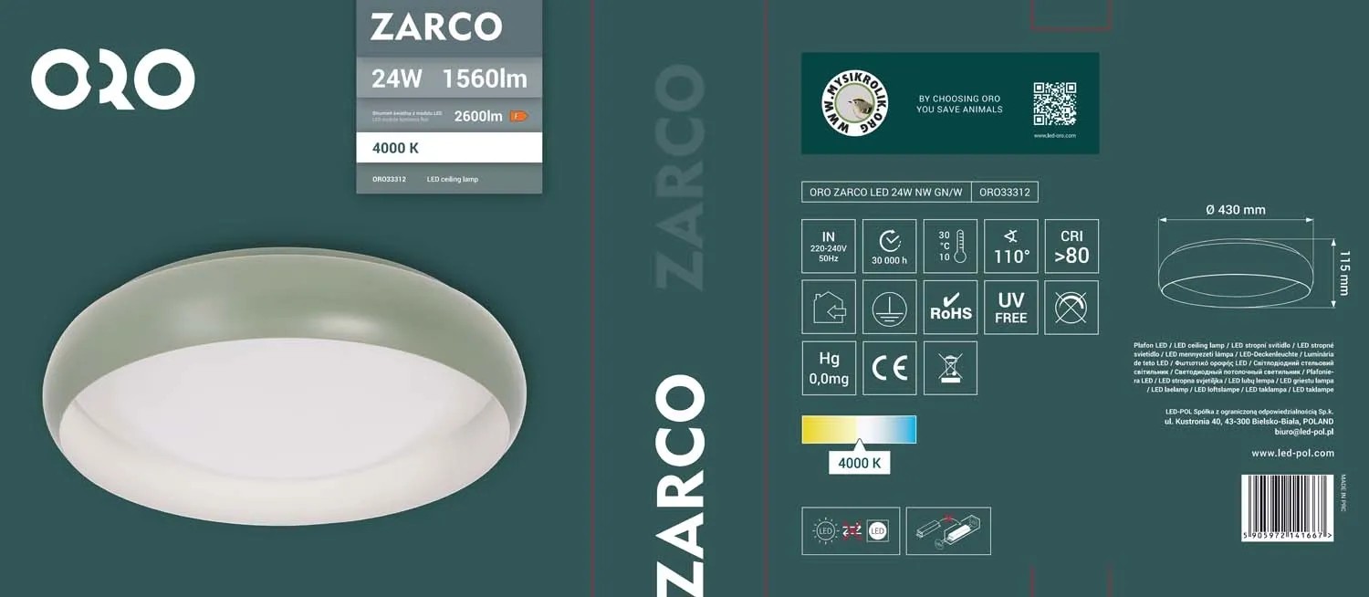 ORO Plafon LED ZARCO 24W 4000K 1560lm śr. 43cm zielono-biały