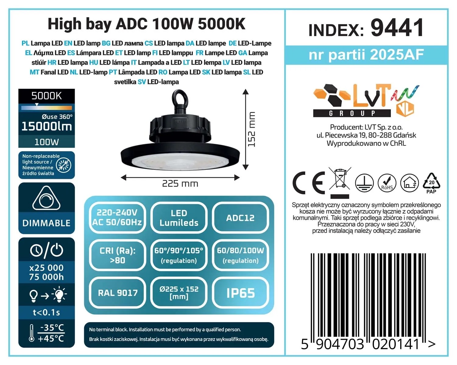 Master LED Lampa HIGH BAY CS-p 100W 5000K 15000lm IP65 czarna