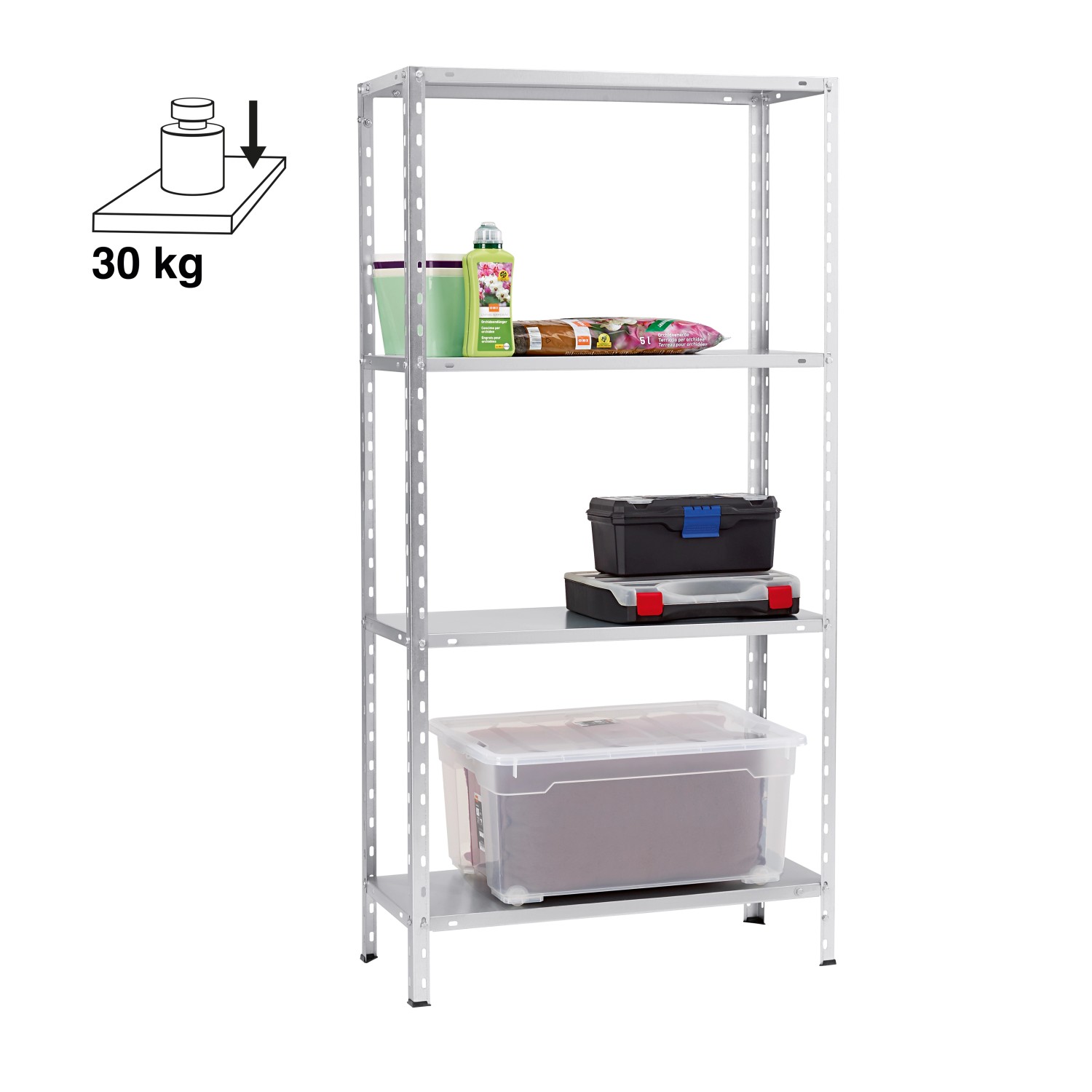 OBI Regał metalowy ocynkowany 30 kg 150x75x30 cm 4 półki kupuj w OBI OBI Regał metalowy ocynkowany 30 kg 150x75x30 cm 4 półki kupuj w OBI