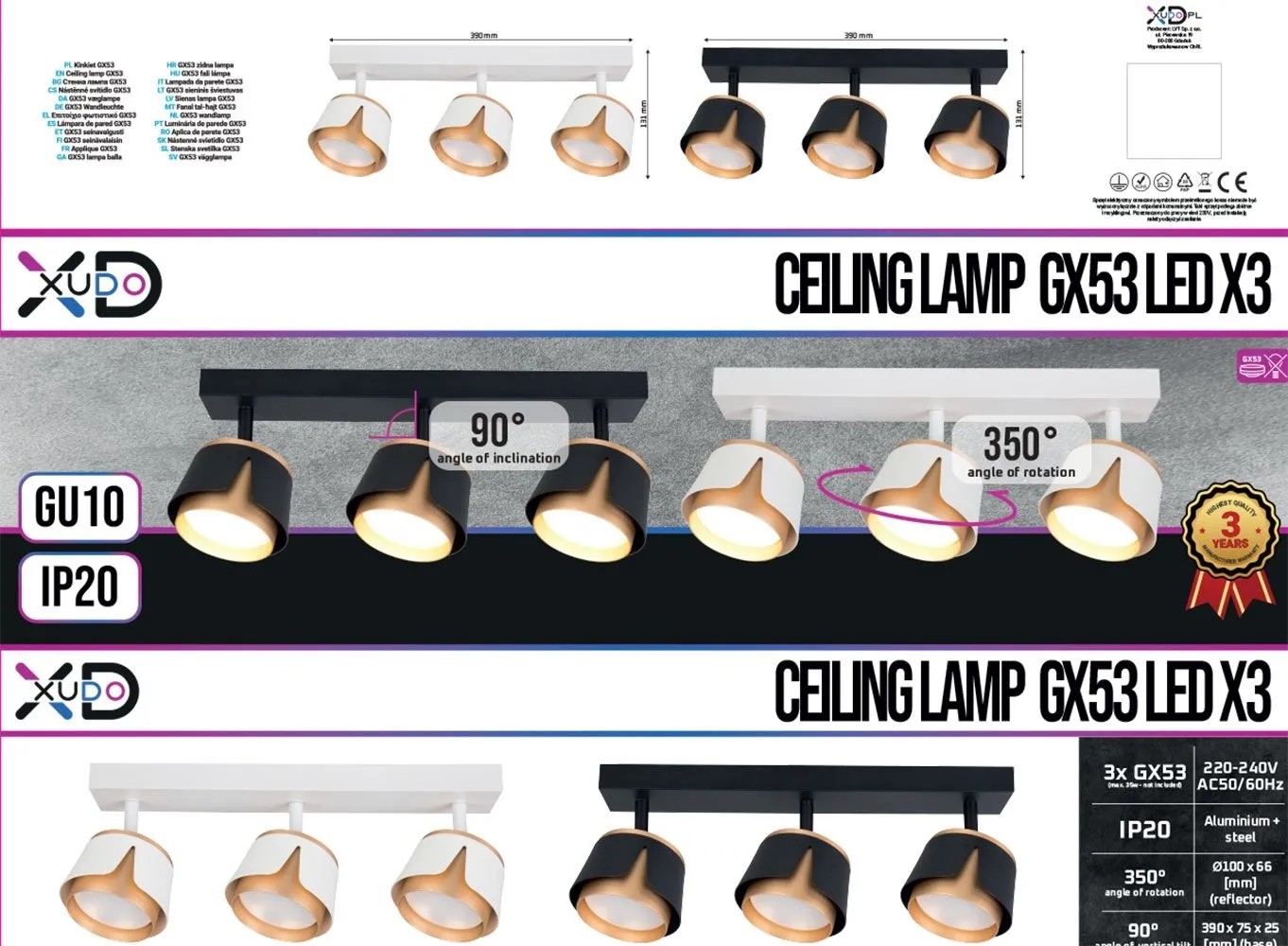 DPM Lampa punktowa 3xGX53 max. 35W biało-złota kupuj w OBI